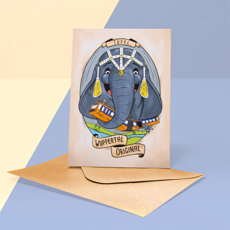 Liebevoll illustrierte Tuffi Postkarte ~ Wuppertal Original Onlineshop